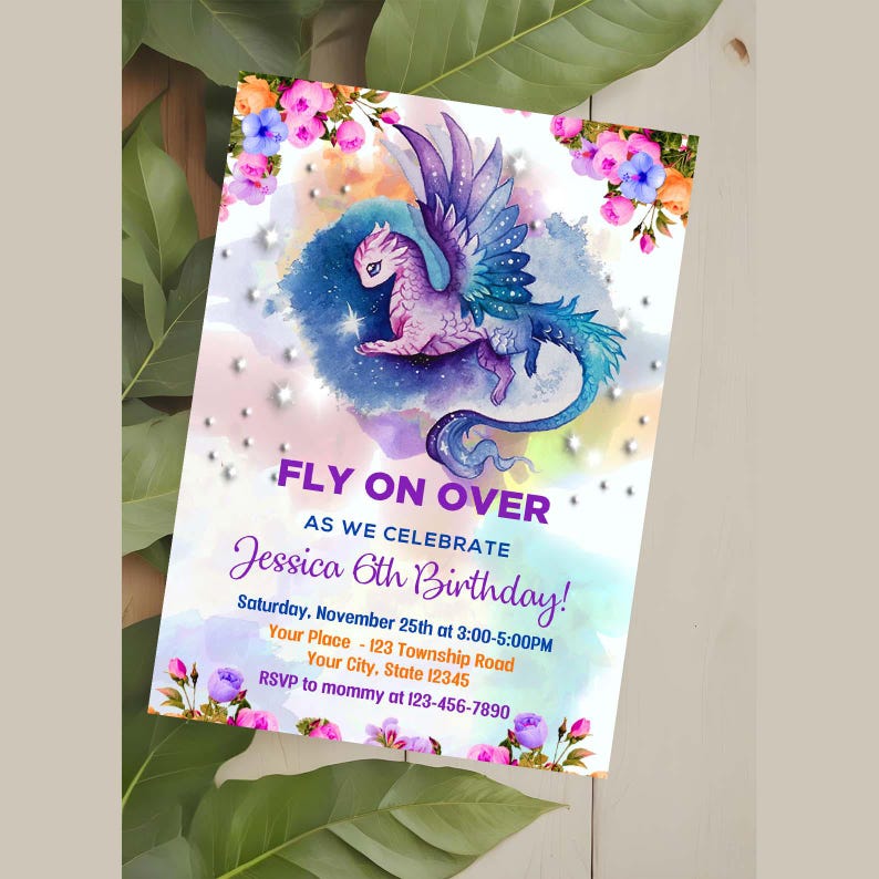 Dragon Birthday Invitation,purple Dragon Invitation,dragon Invitation ...