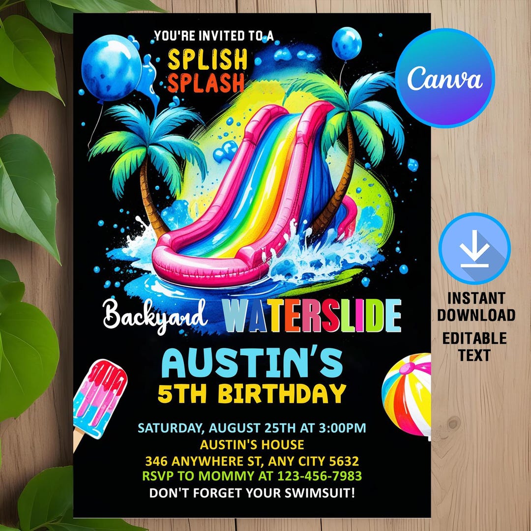 Waterslide Birthday Invitation,water Slide Invitation,waterslide Party ...