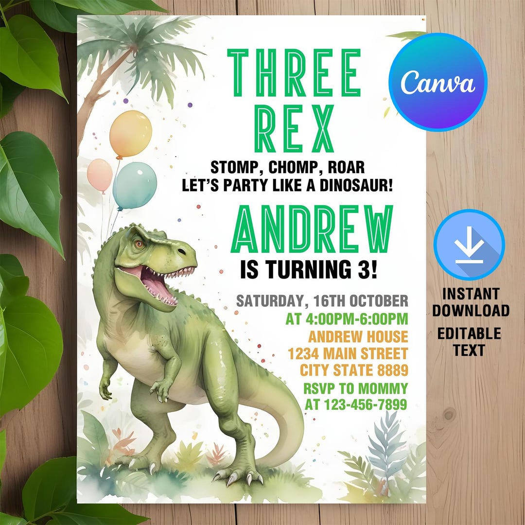 Three Rex Invitation,three Rex Dinosaur Invitation,dinosaur Three Rex ...