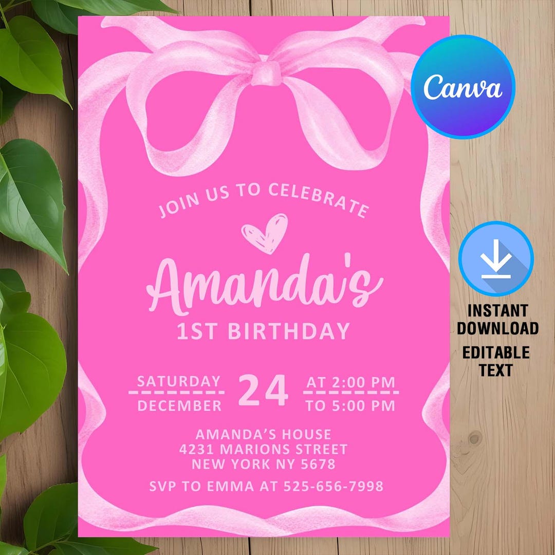 Pink Bow Birthday Invitation,pink Bow First Birthday,pink Coquette Bow ...