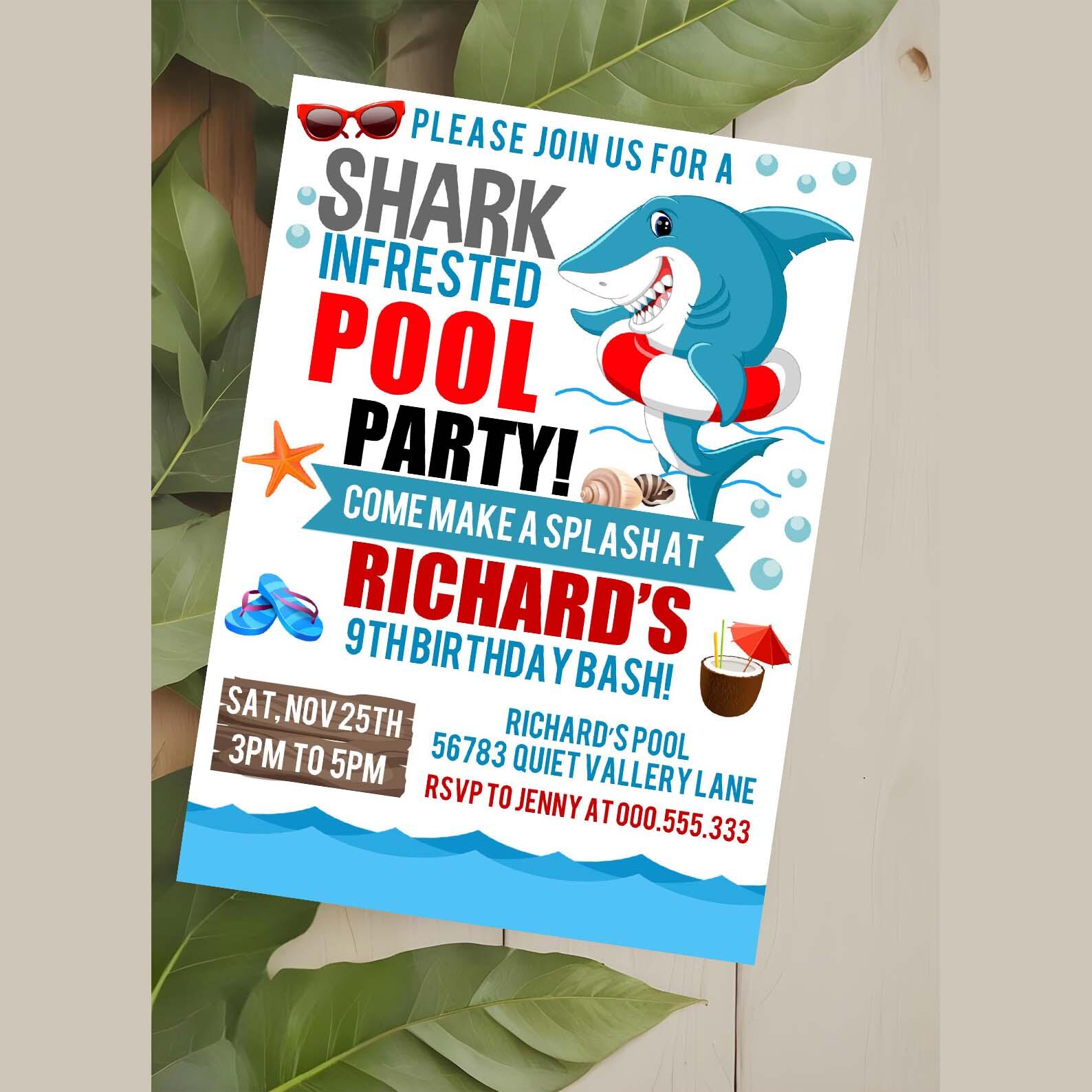 Shark Pool Party Birthday Invitation,shark Pool Party Invitation,shark ...