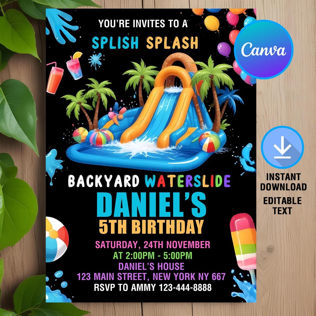 Water Slide Invitation,water Slide Birthday,water Slide Birthday ...