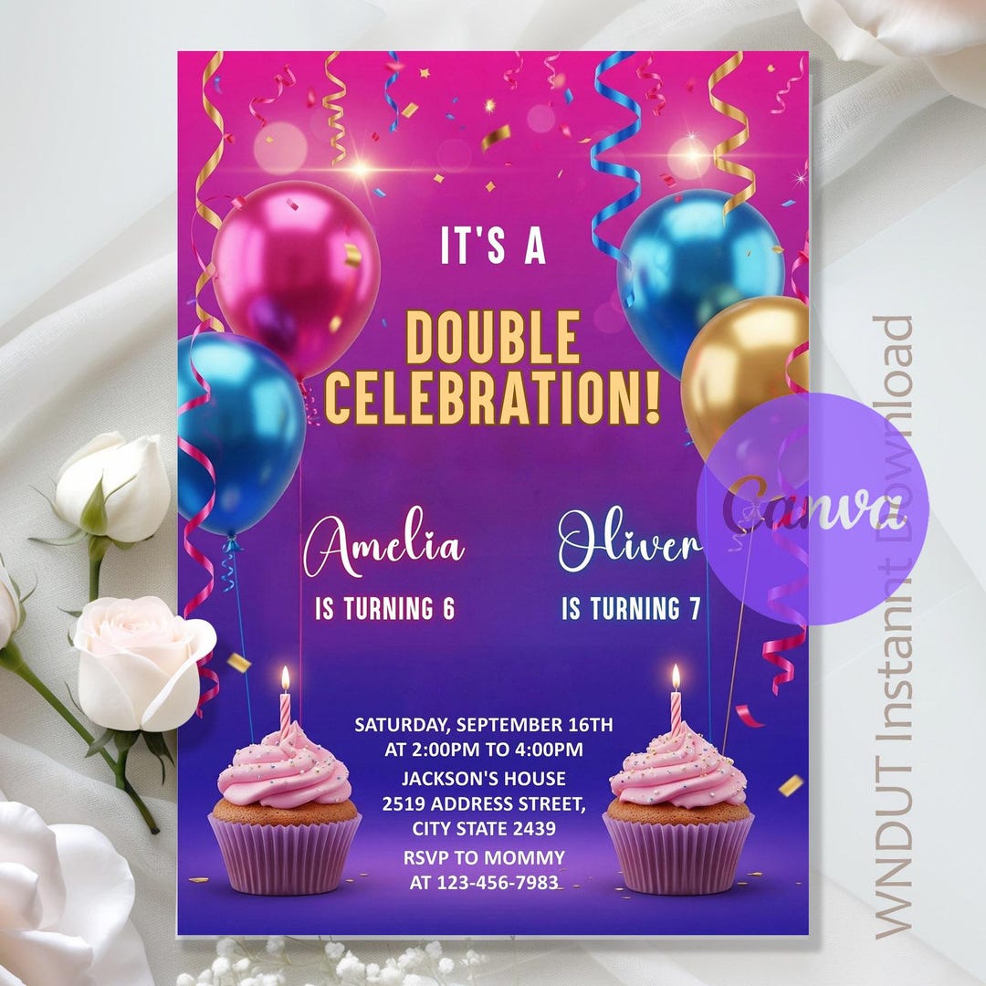 Double Birthday Invitation,double Party,joint Birthday Party,sibling ...