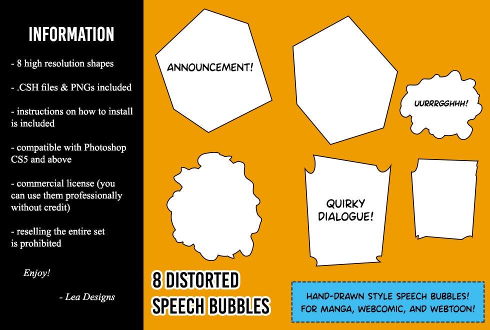 61 Comic Speech Bubbles for Manga, Webtoon, and Comics! .CSH File for Photoshop, Custom Dialogue ...
