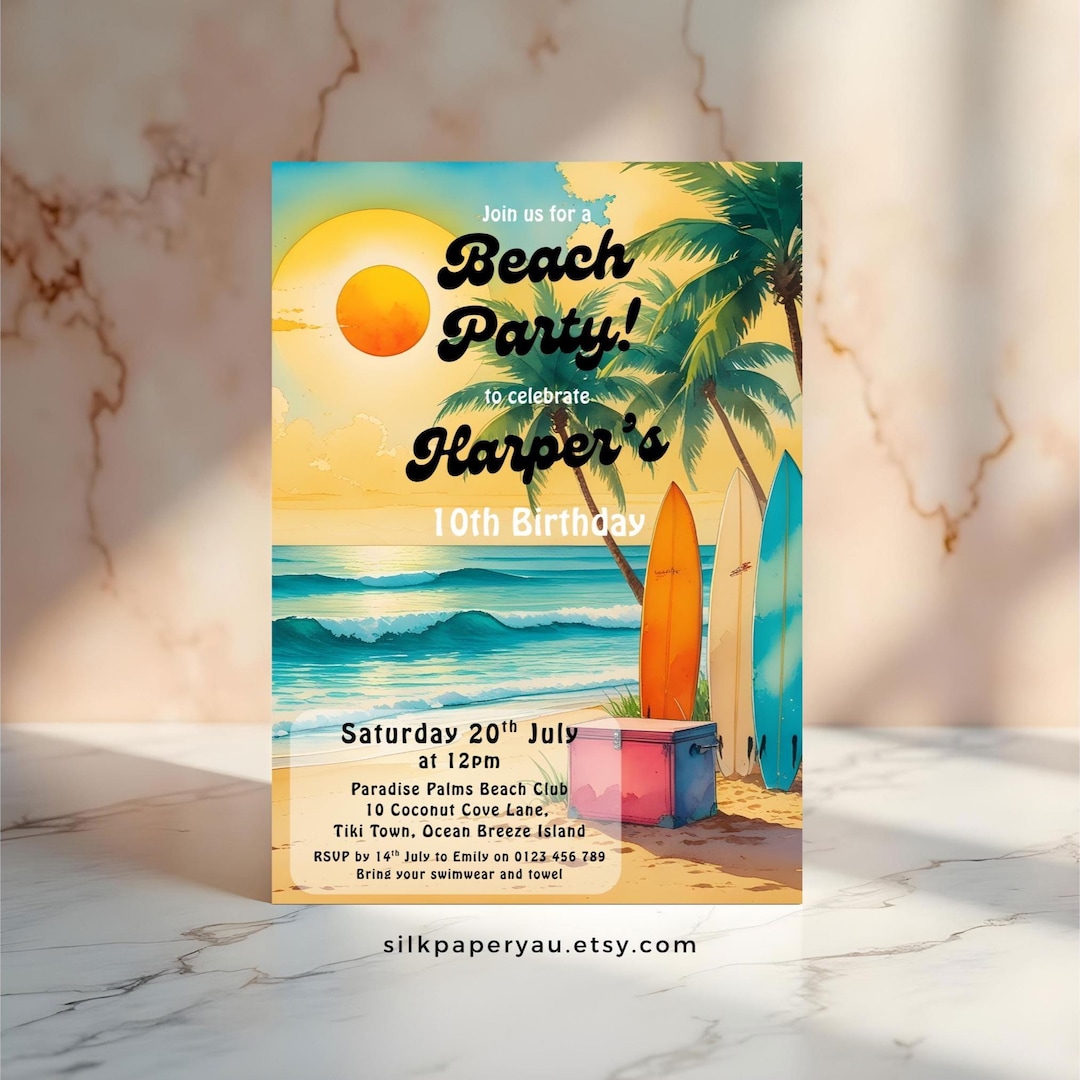 Beach Party 10th Birthday Invitation, Surf Sand Ocean Theme Invite ...