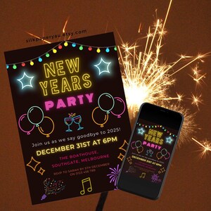 Neon New Years Eve Invitation, Fun and Festive Invite, Editable NYE ...