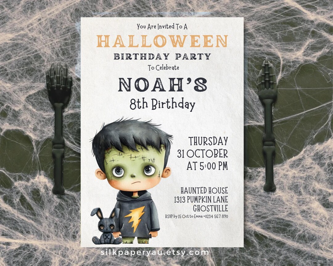 Frankenstein Monster Halloween Birthday Invitation, Kids Spooky Creepy ...