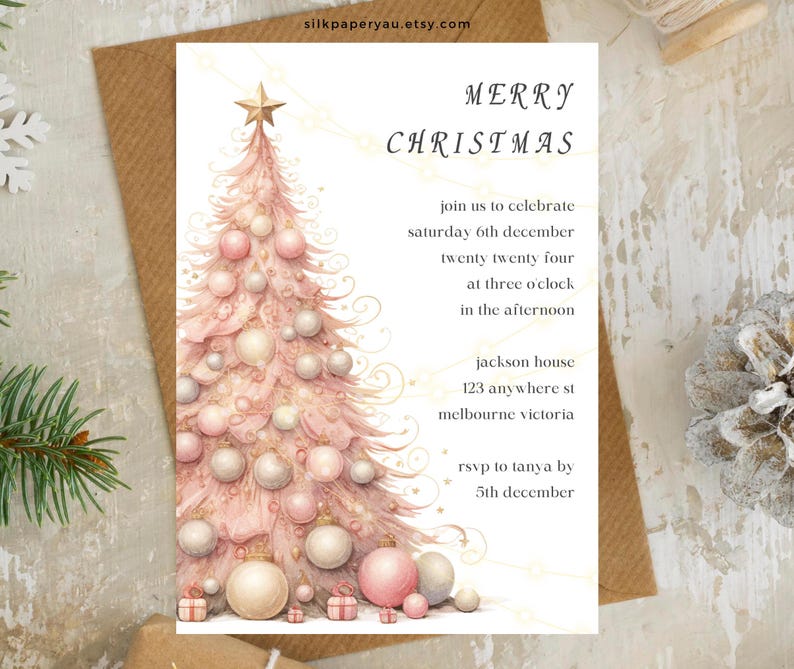 Pink Christmas Tree Party Invitation, Printable Editable Christmas ...