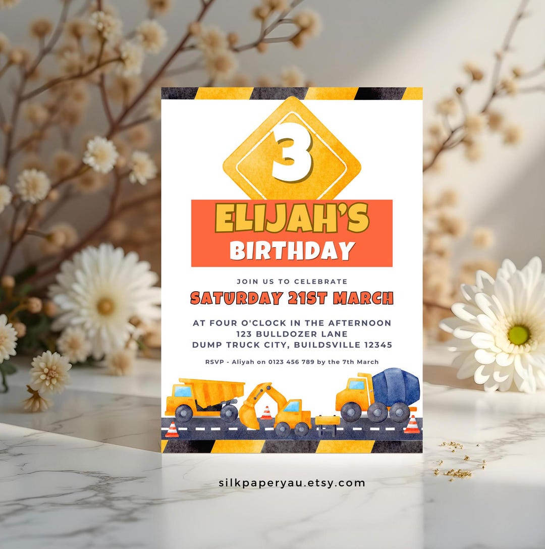 Construction Themed Birthday Invitation, Excavator and Dump Truck Party ...