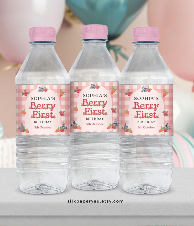 Berry First Birthday Water Bottle Labels, Editable Berry Sweet One ...