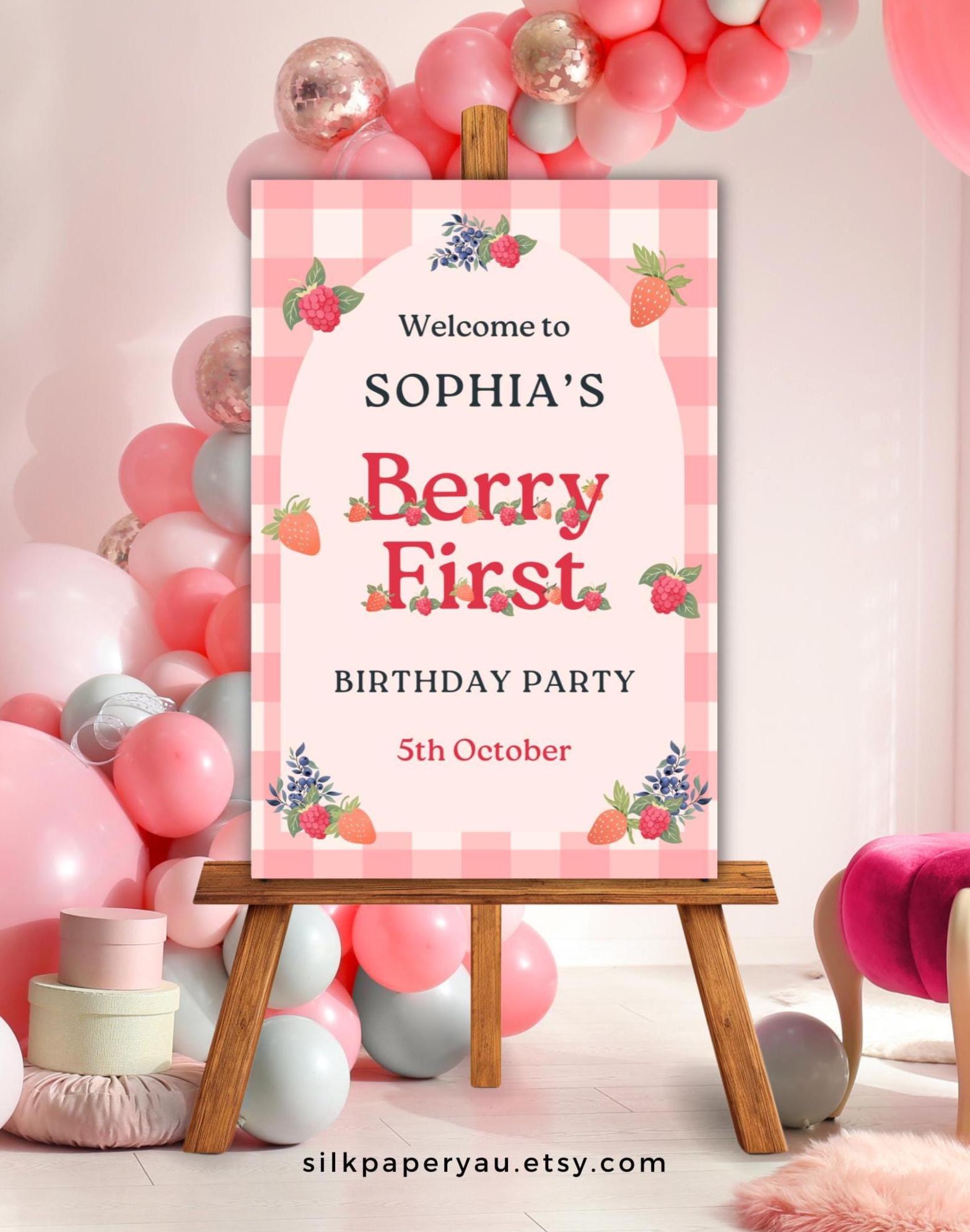 Berry First Birthday Welcome Sign, Editable Pink and Red Strawberry 1st ...