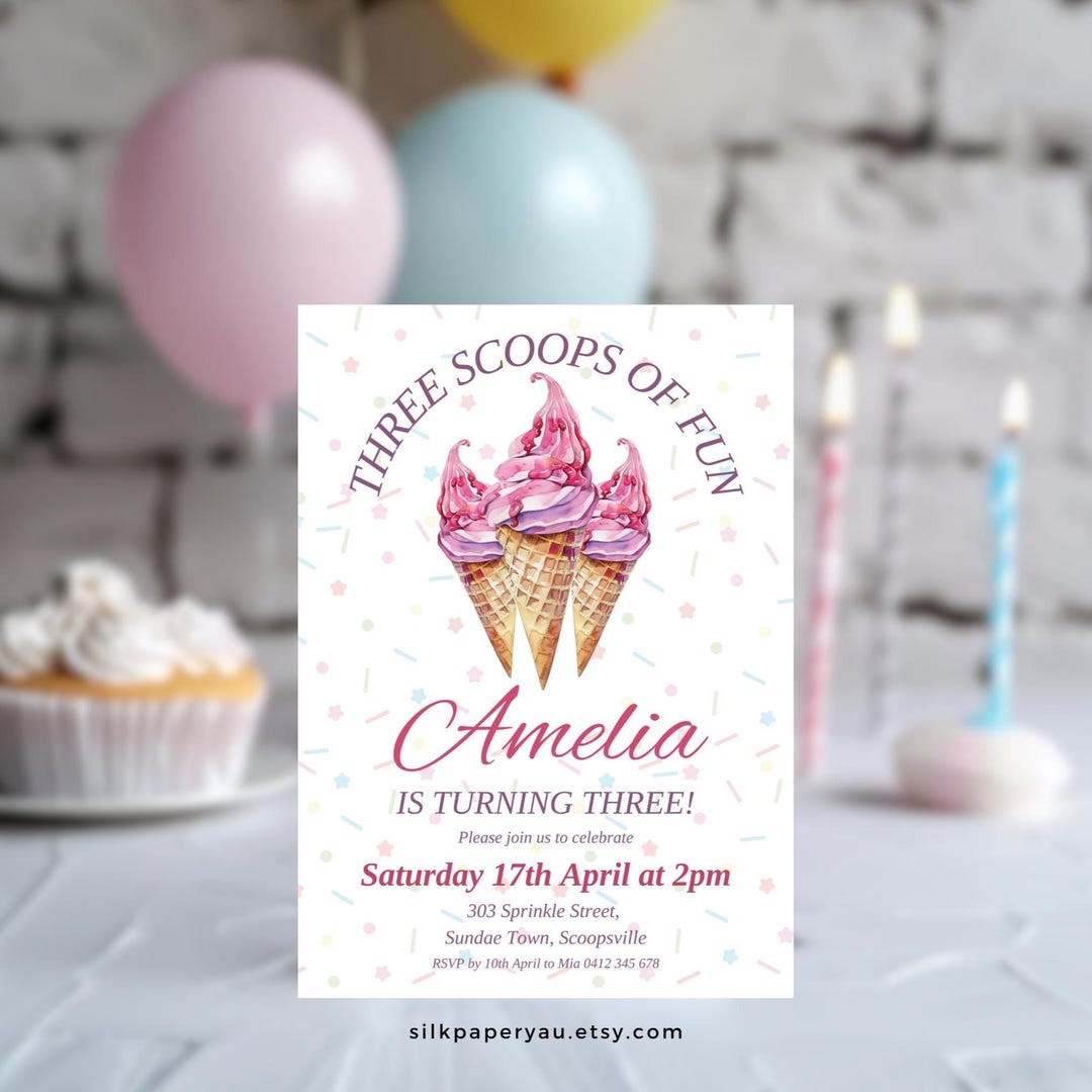 Three Scoops of Fun 3rd Birthday Invitation, Ice Cream Truck Beach ...