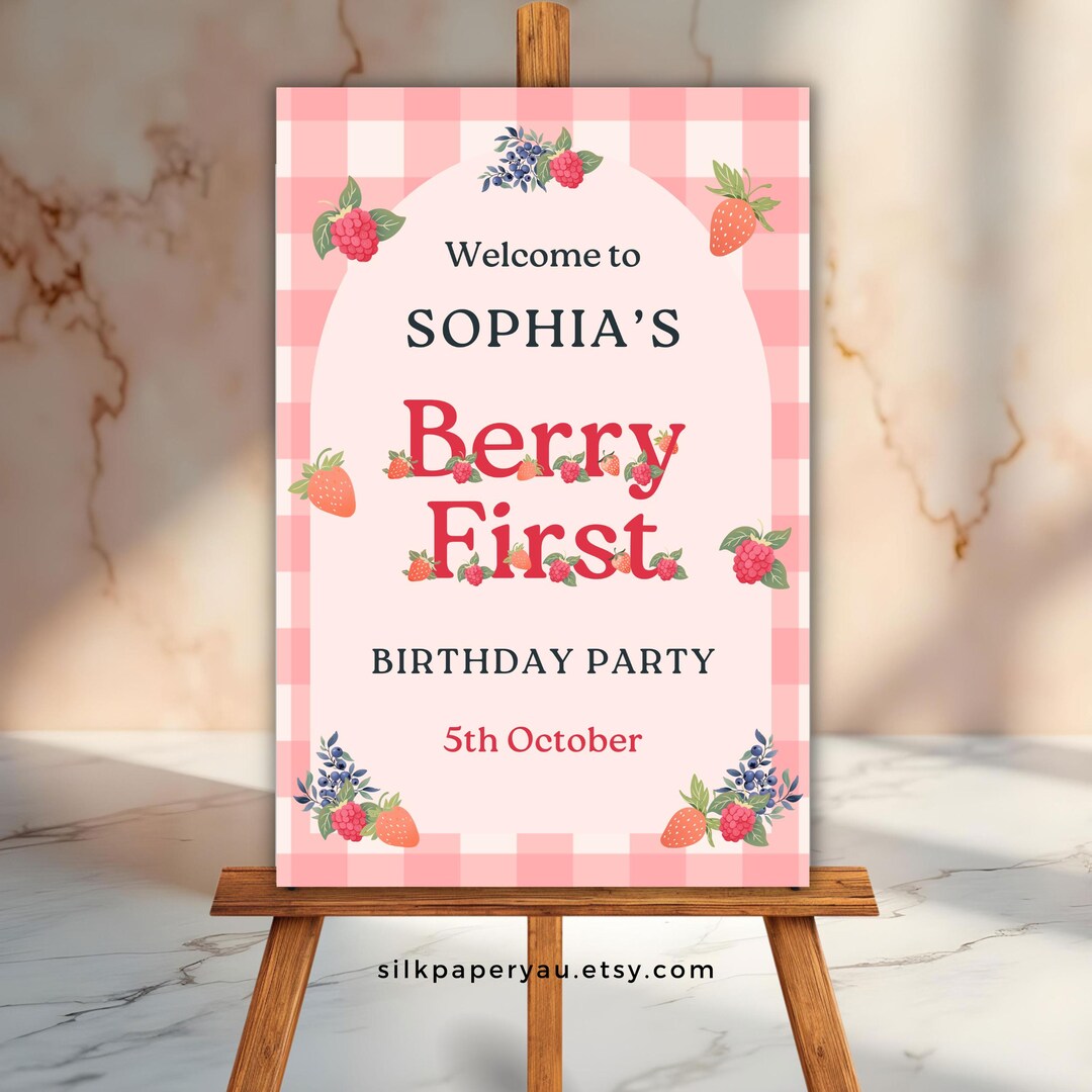 Berry First Birthday Welcome Sign, Editable Pink and Red Strawberry 1st ...