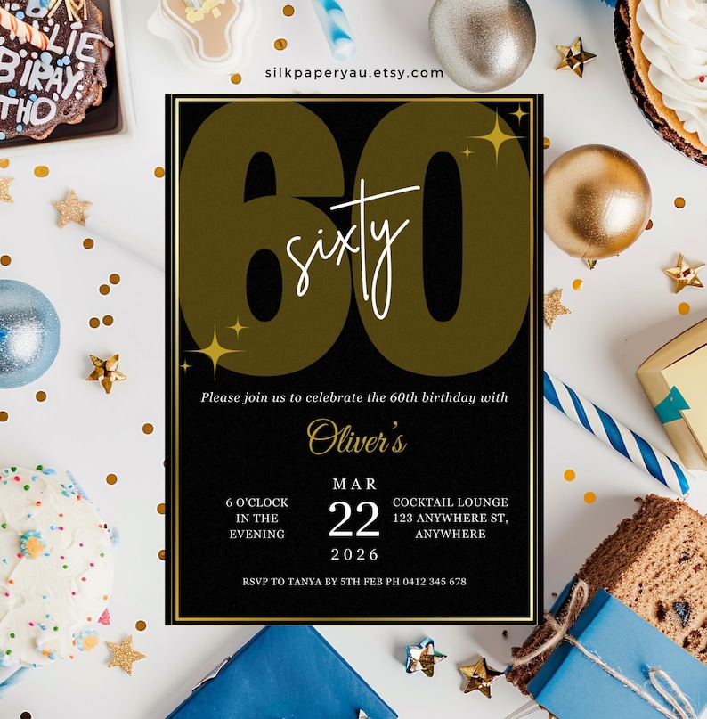 Black and Gold 60th Birthday Invitation, Sophisticated Elegant ...