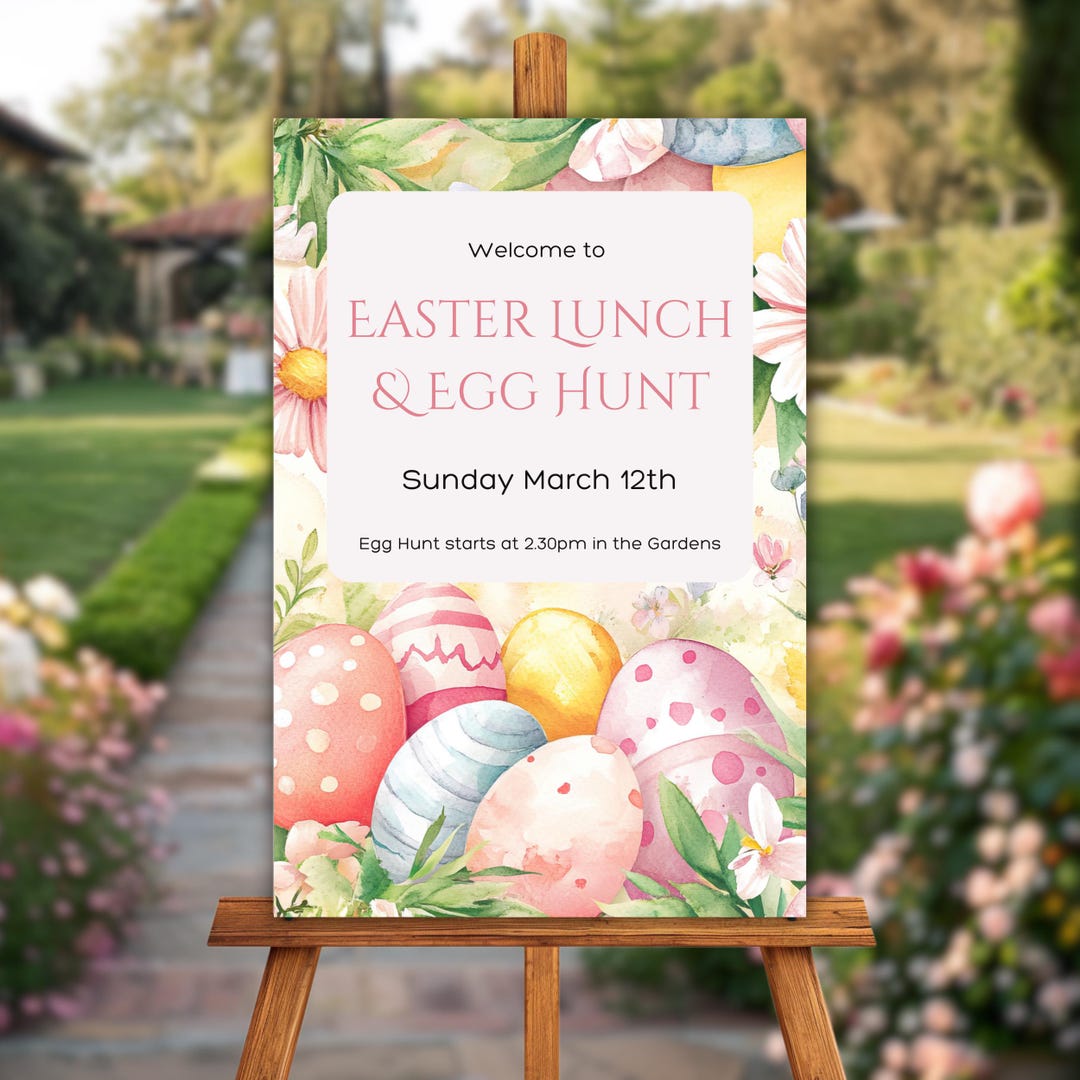 Easter Lunch Party Welcome Sign, Floral Egg Hunt, Editable Holiday ...