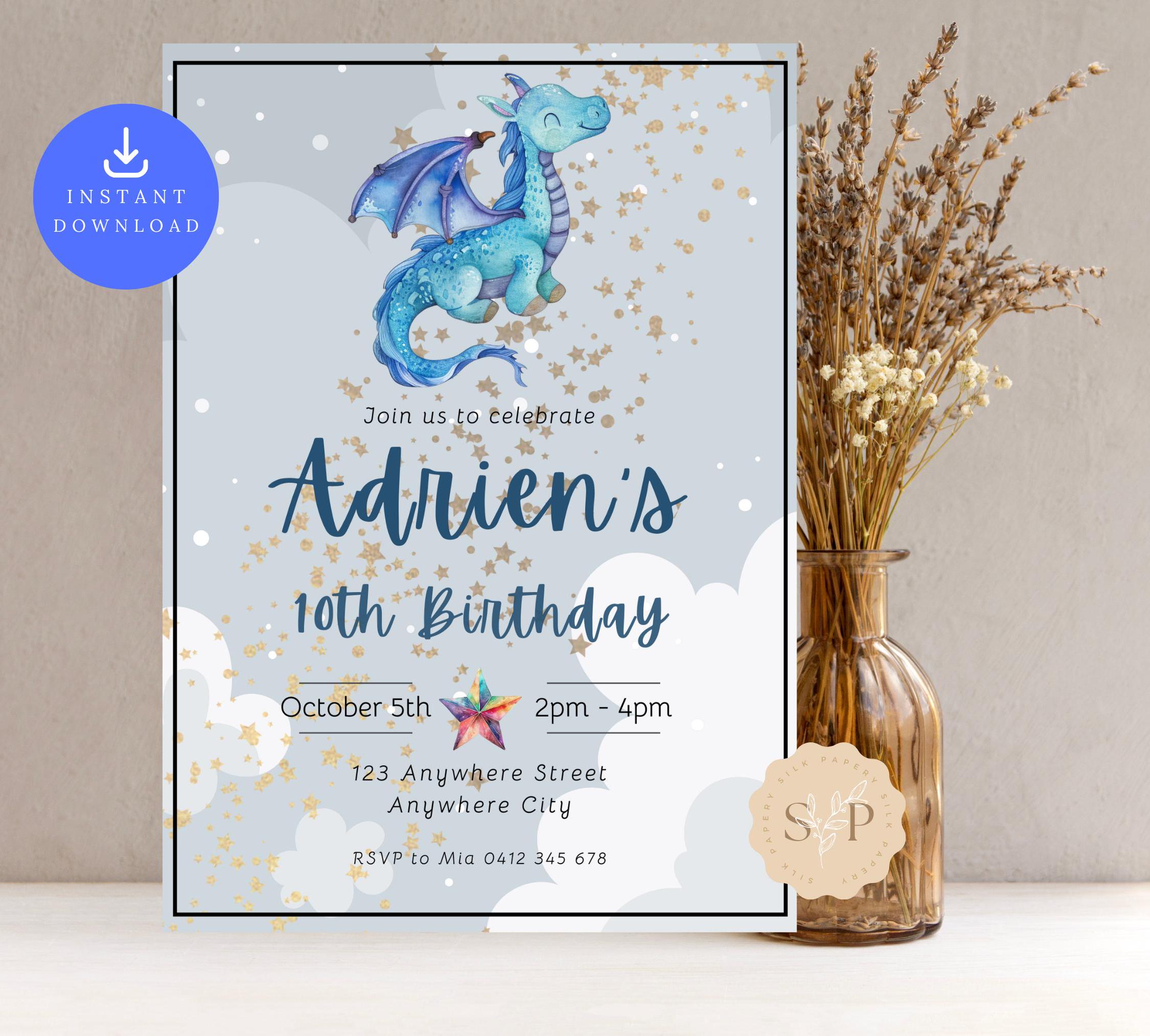 Editable Dragon Birthday Invitation, Fantasy Dragon Party Invite, Kids ...