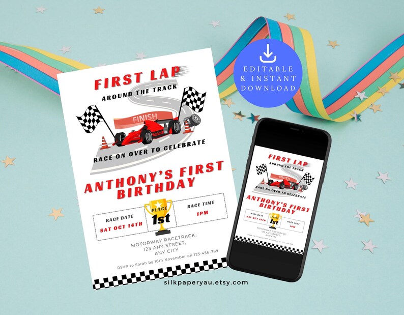 First Lap Around the Track Birthday Invitation, Racing Theme Party ...