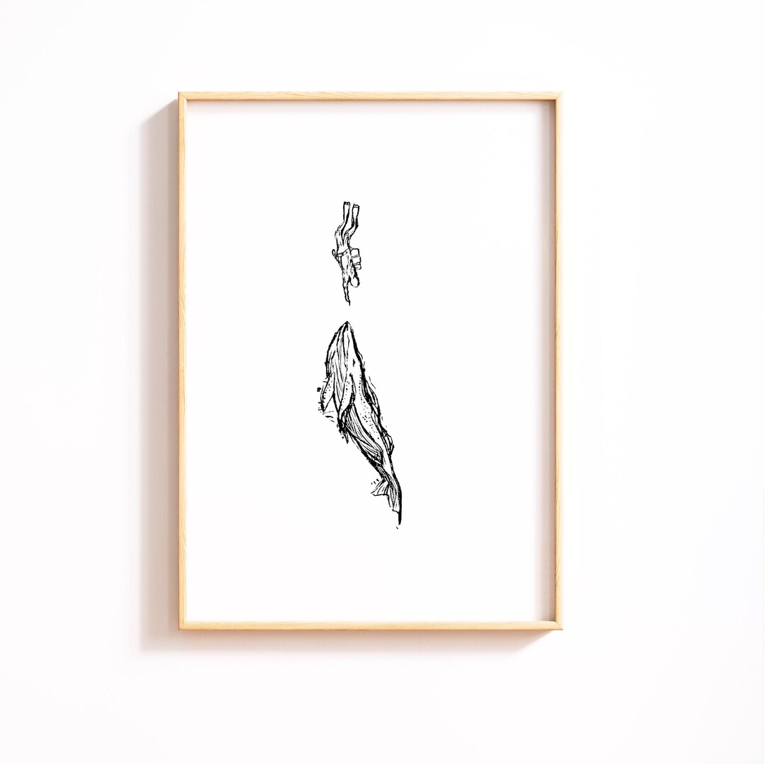 Scuba Diver & Whale A3 Print | Minimalist Line Art (digital Download ...