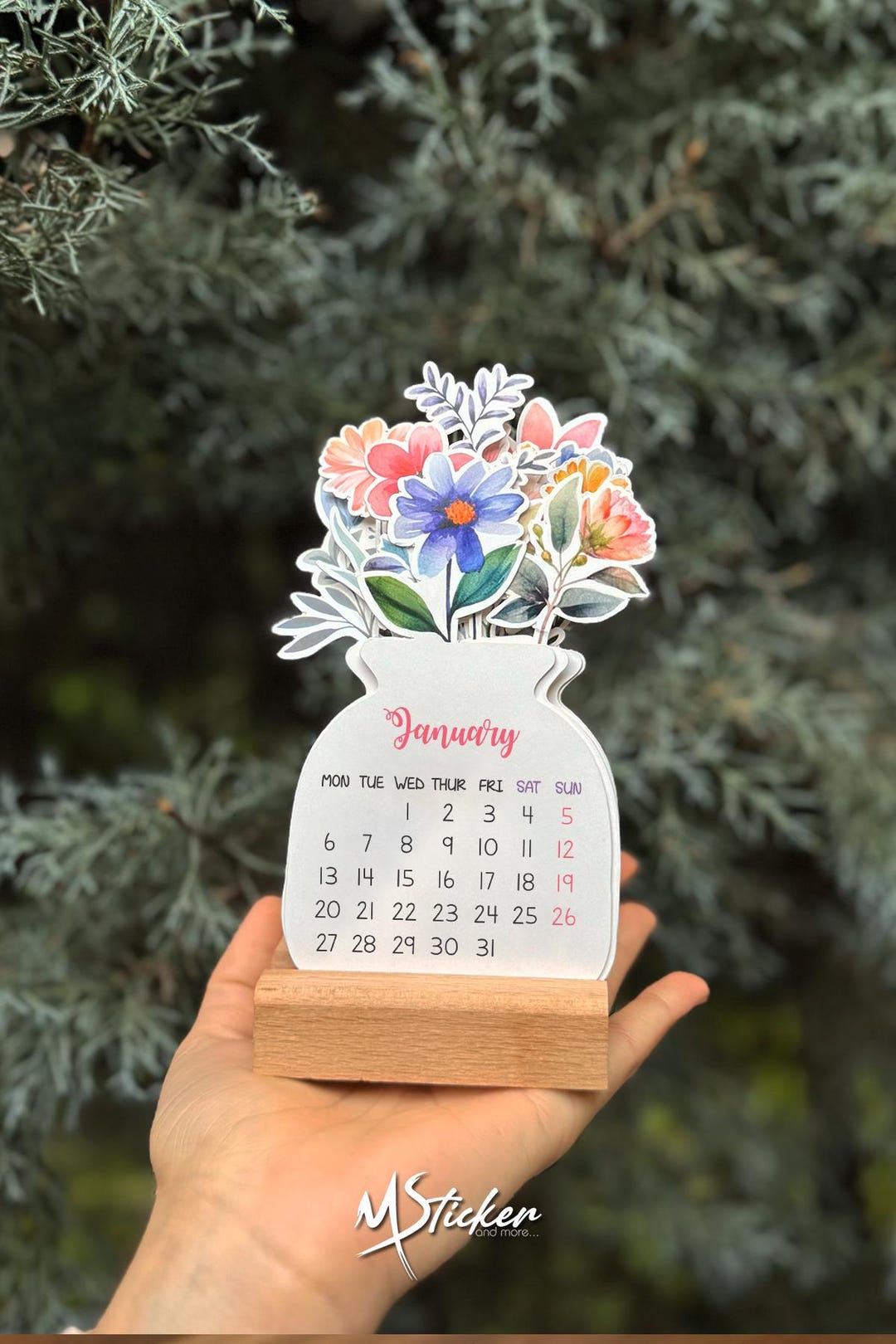 2025 Floral Desk Calendar | Wooden Stand | 12-month Botanical Calendar ...