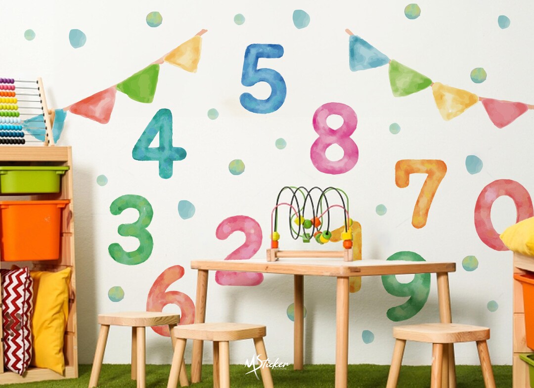 Watercolor Numbers Sticker, Polka Dot & Number Set, Nursery Wall Decal ...