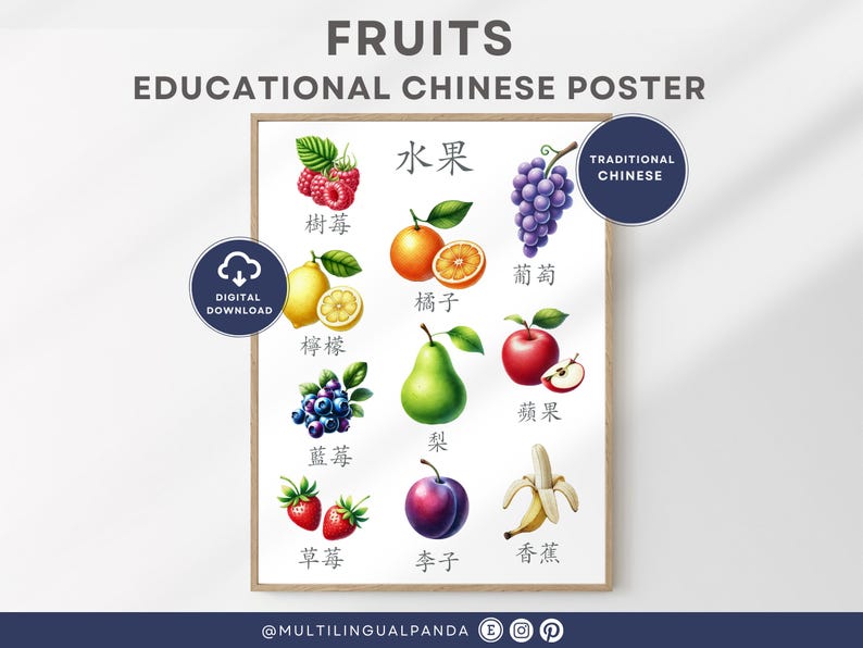 Fruits Learn Chinese Educational Poster Prints, Bilingual Kids ...