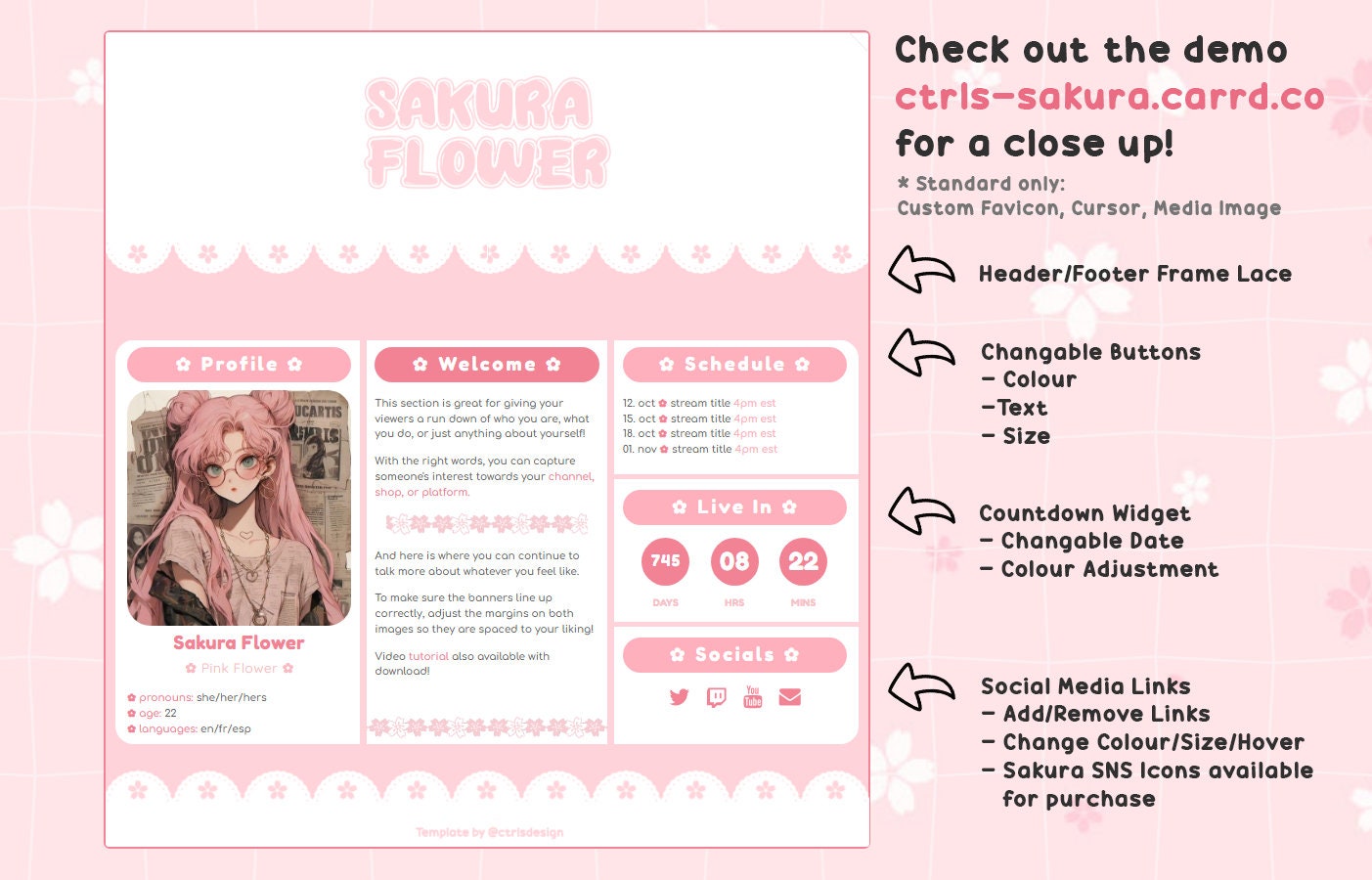 Pink Sakura Cherry Blossom Carrd Website Template | for Streamers and Content Creators | Easy to ...