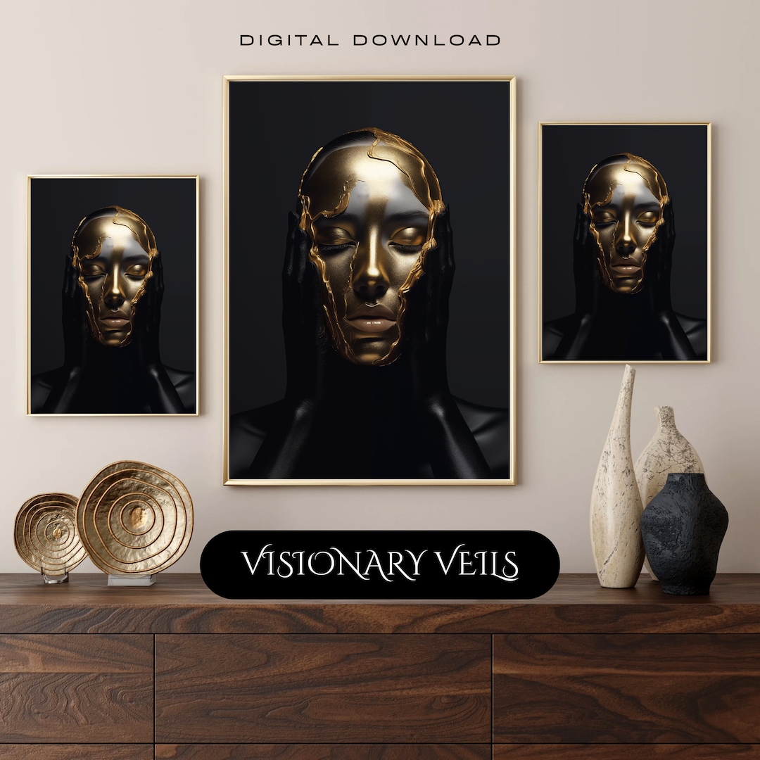 Regal Gold Mask Art | High-resolution Black & Gold Abstract Portrait ...