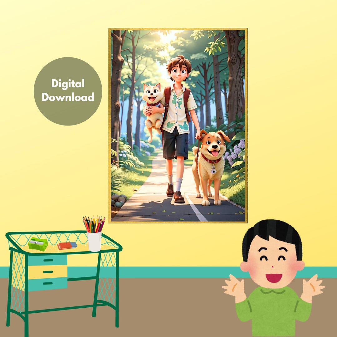 Young Boy Walking With Two Playful Dogs Printable Wall Art | Emotional ...
