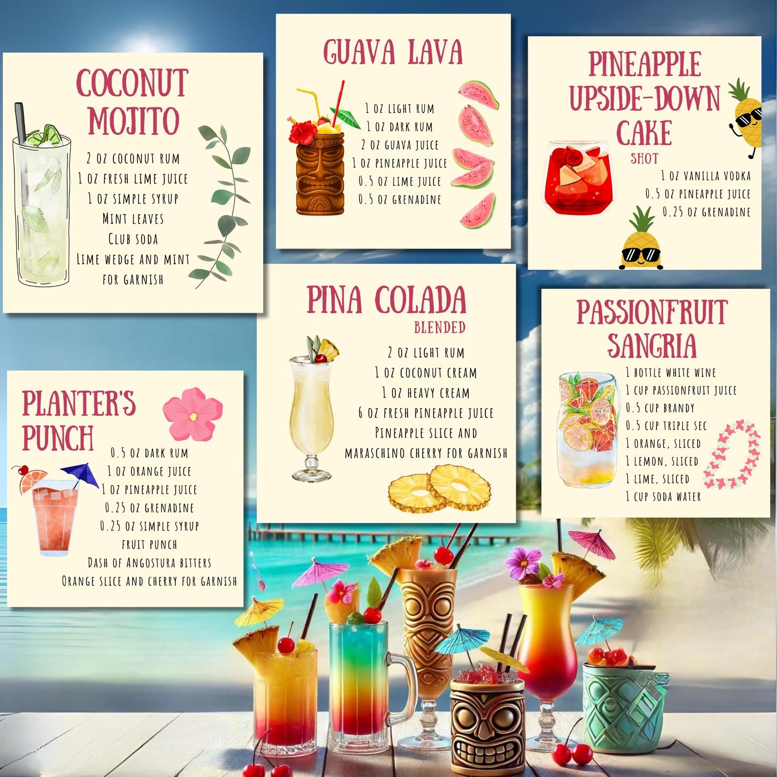 Tiki Cocktail Cards | 23 Tropical & Hawaiian Luau Party Recipes ...