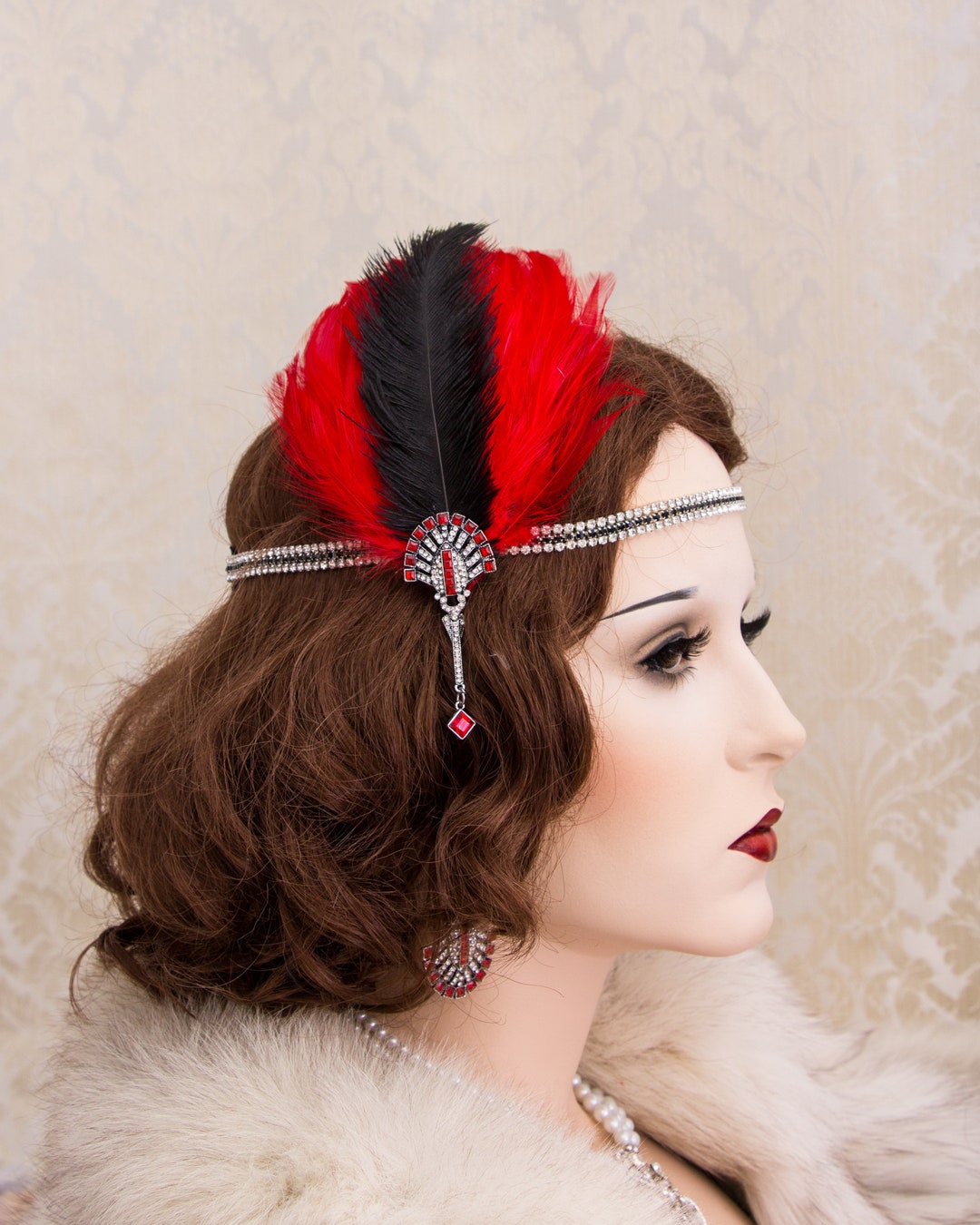 Red and Black 1920s Roaring Flapper Headband, Great Gatsby Headpiece ...