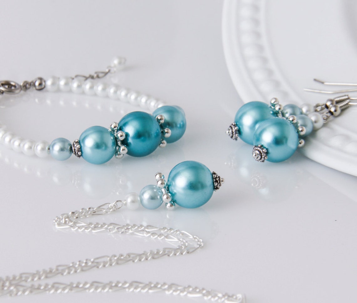 Aqua Blue Pearl Jewelry Set, Blue Wedding Jewelry, Blue Pearl ...