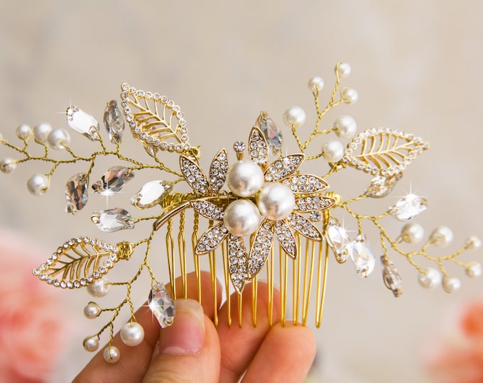 Decorative Gold Wedding Hair Comb, Crystal and Pearl Hair Comb for ...