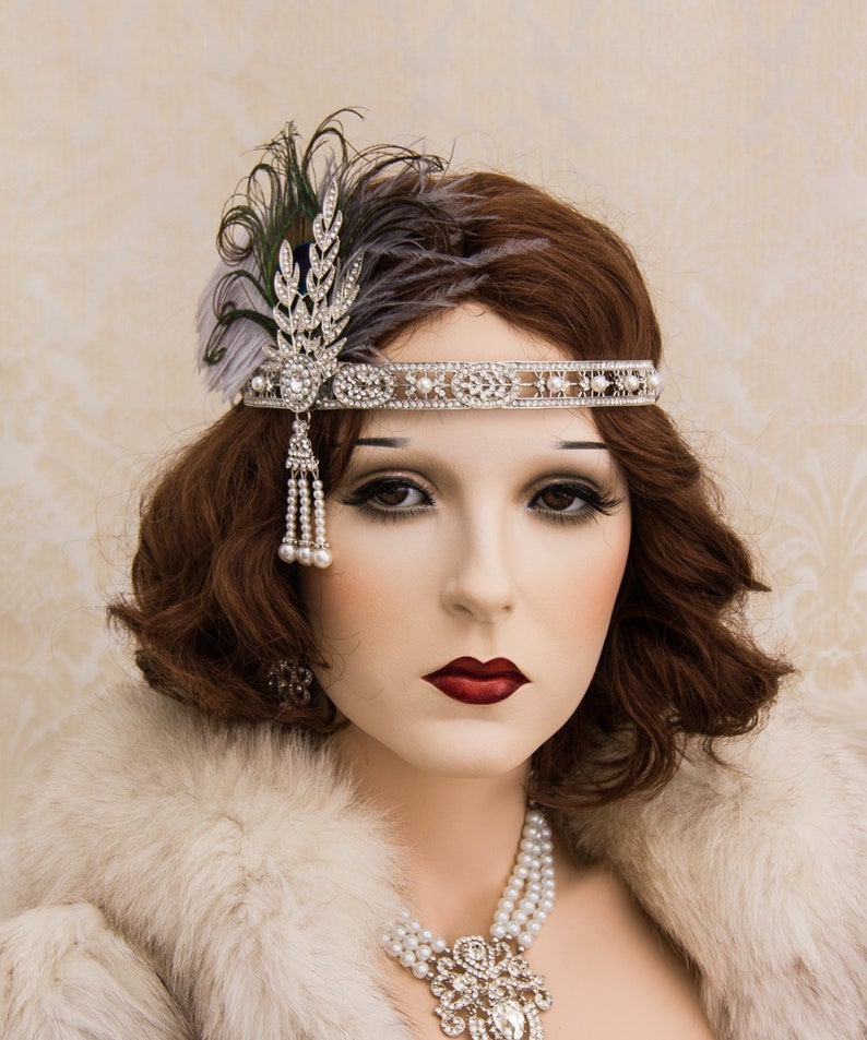 Silver Flapper Headband With Peacock Feathers Great Gatsby - Etsy