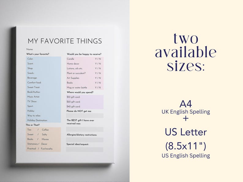 Printable Favorite Things List | Coworker Survey & Questionnaire for ...