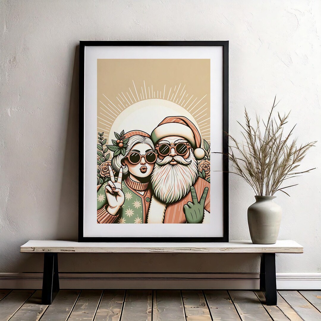 Retro Vintage Christmas Wall Art Santa and Mrs Clause Peace and Pout ...