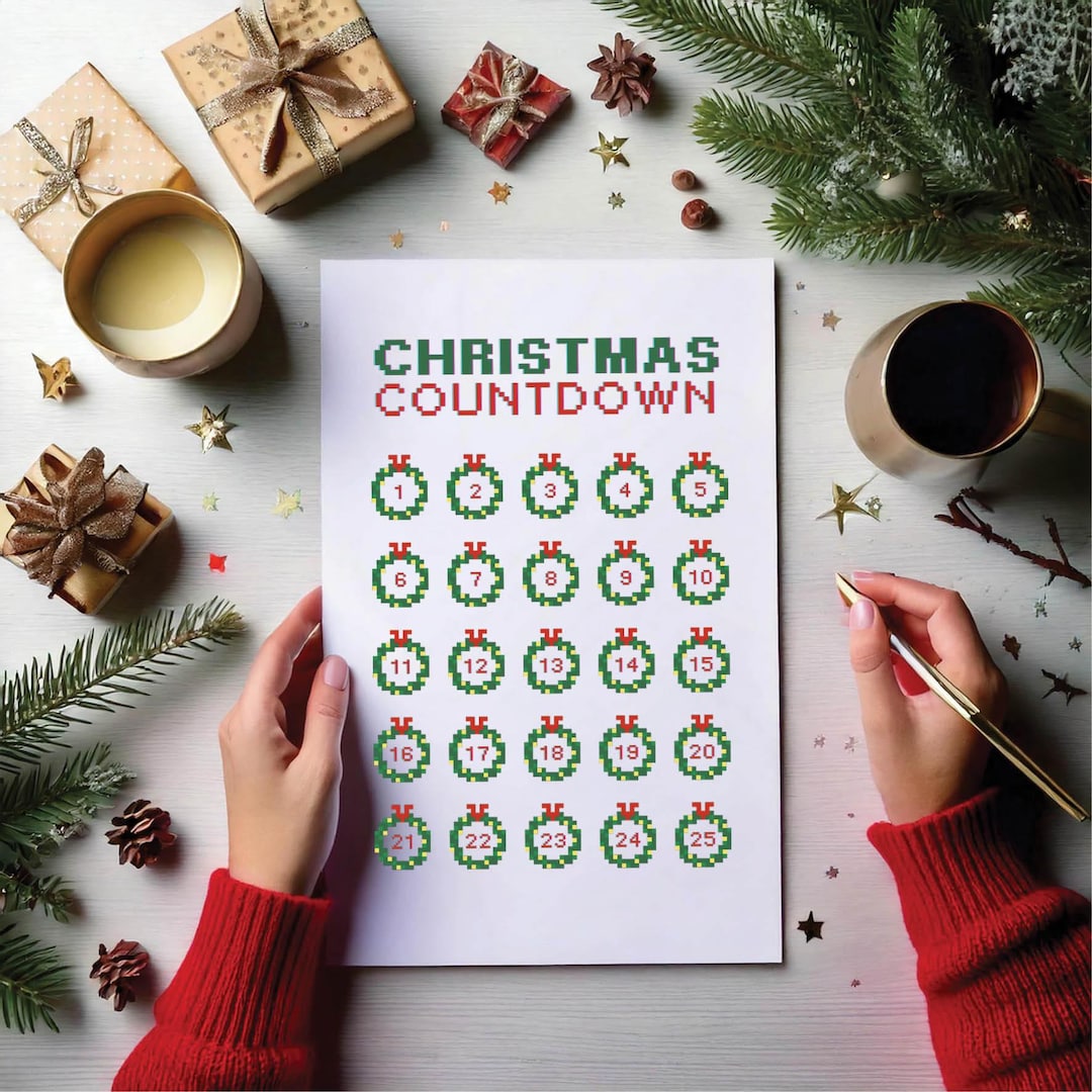 Pixel Christmas Countdown Printable Holiday Advent Calendar Festive ...