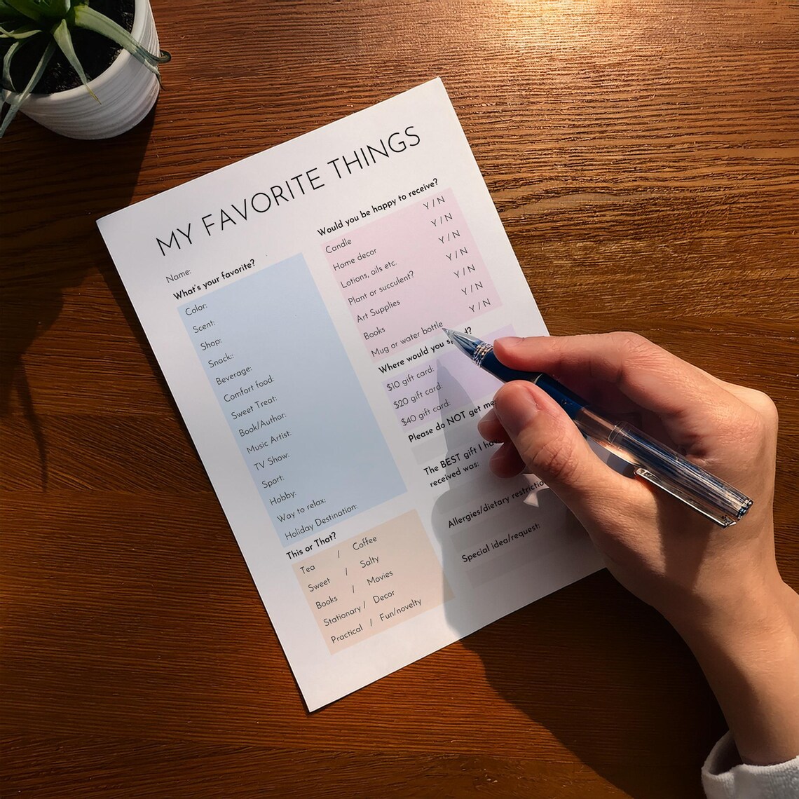 Printable Favorite Things List | Coworker Survey & Questionnaire for ...