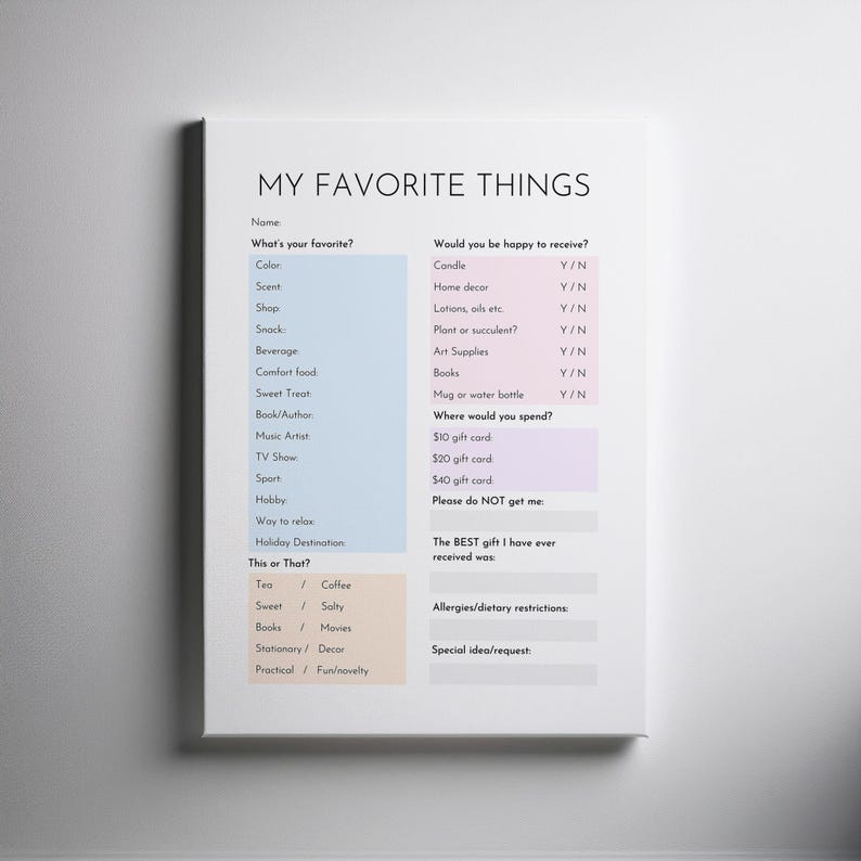Printable Favorite Things List | Coworker Survey & Questionnaire for ...