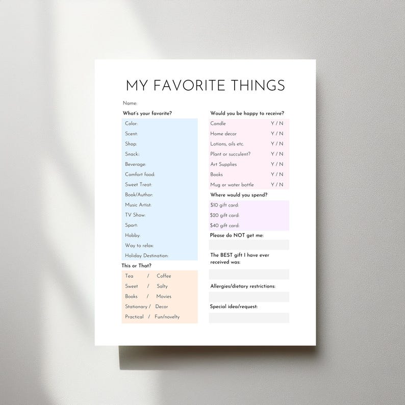 Printable Favorite Things List | Coworker Survey & Questionnaire for ...