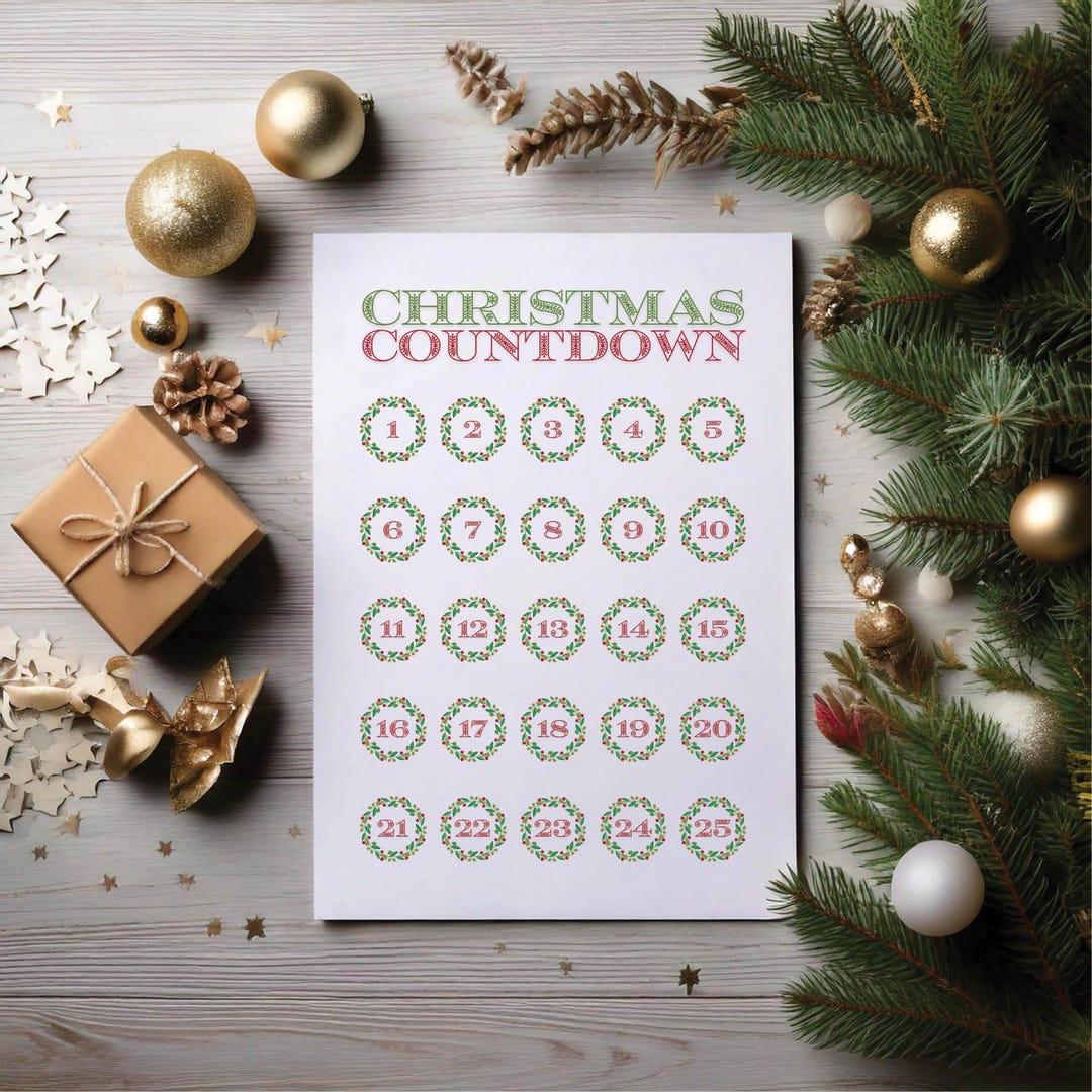 Printable Christmas Countdown Festive Advent Calendar Art Holiday Wall ...
