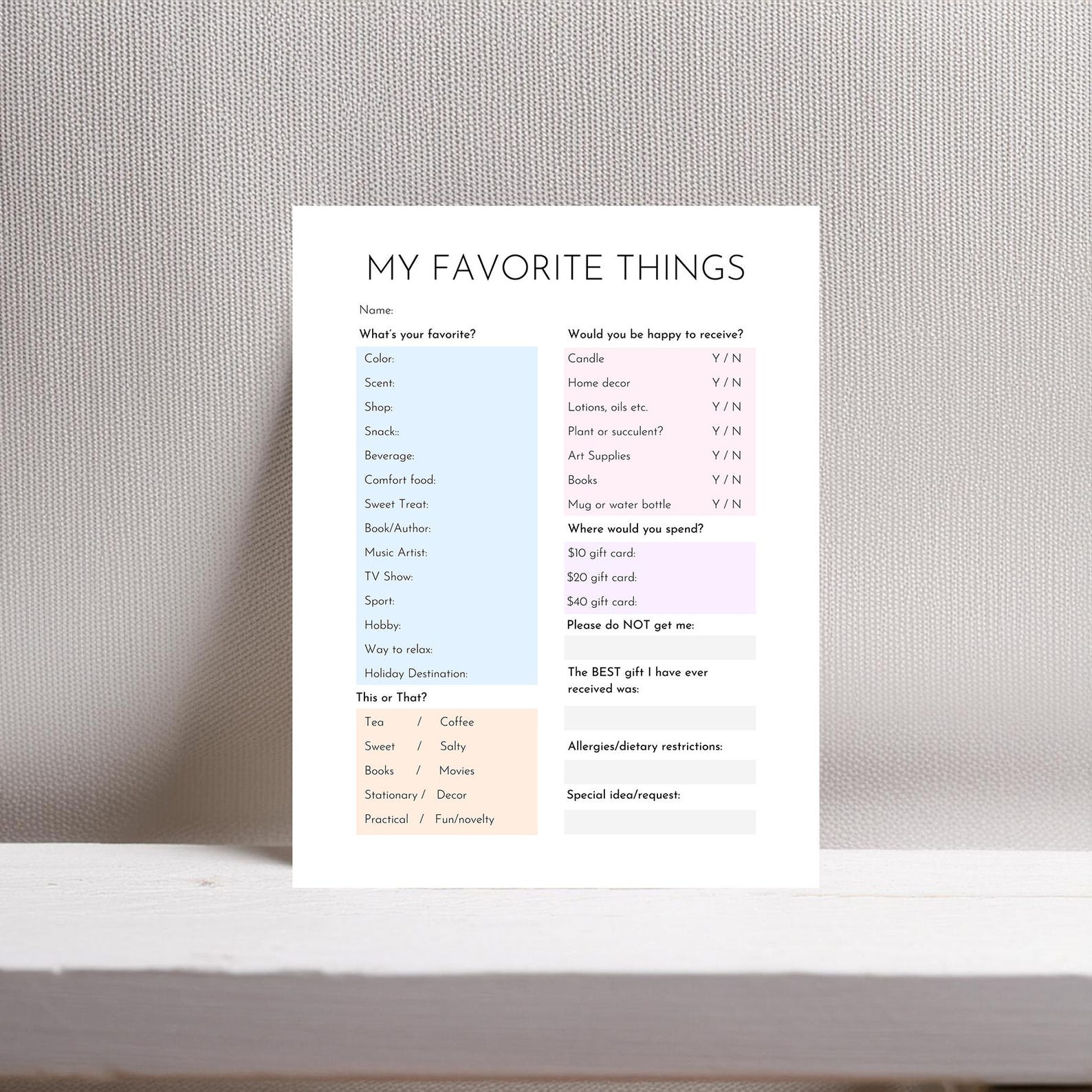 Printable Favorite Things List | Coworker Survey & Questionnaire for ...