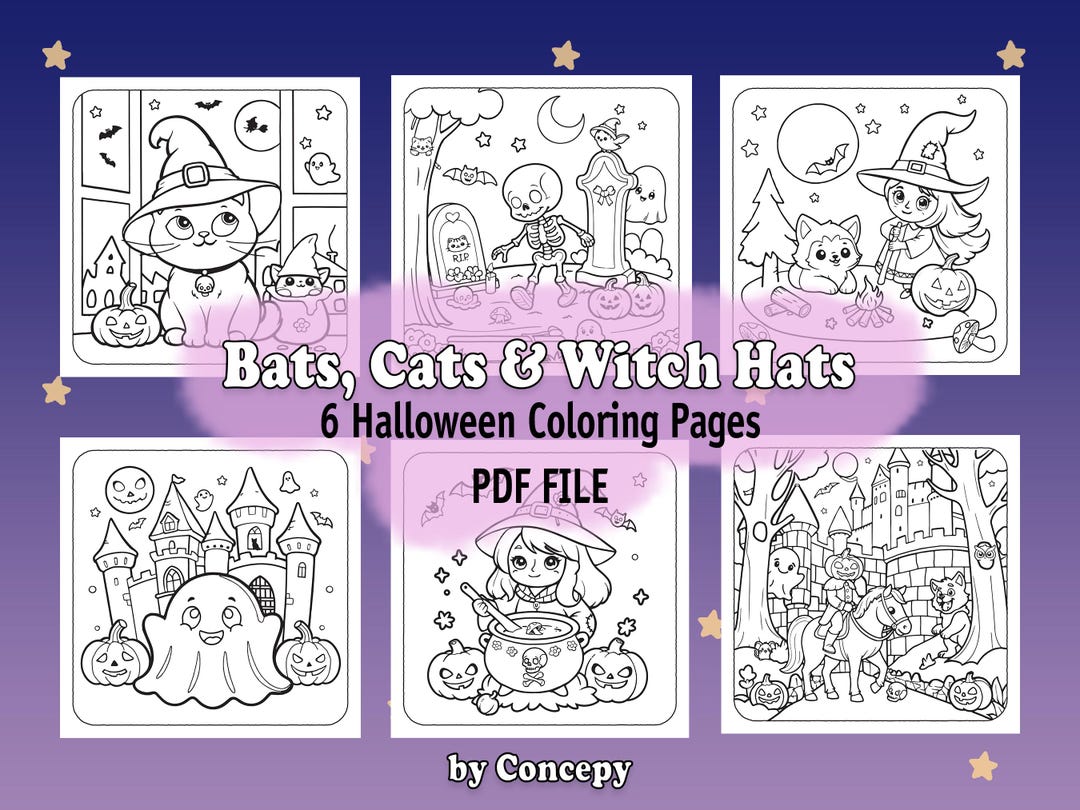 Bats, Cats & Witch Hats. 6 Printable Cute and Cozy Halloween Coloring ...