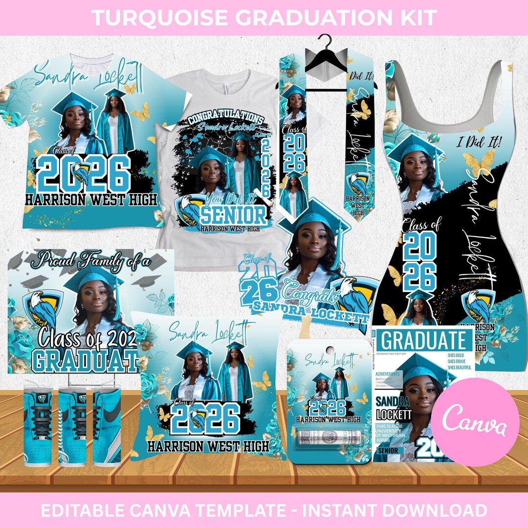 Turquoise Graduation Canva Templates (class of 2026), Editable Grad ...
