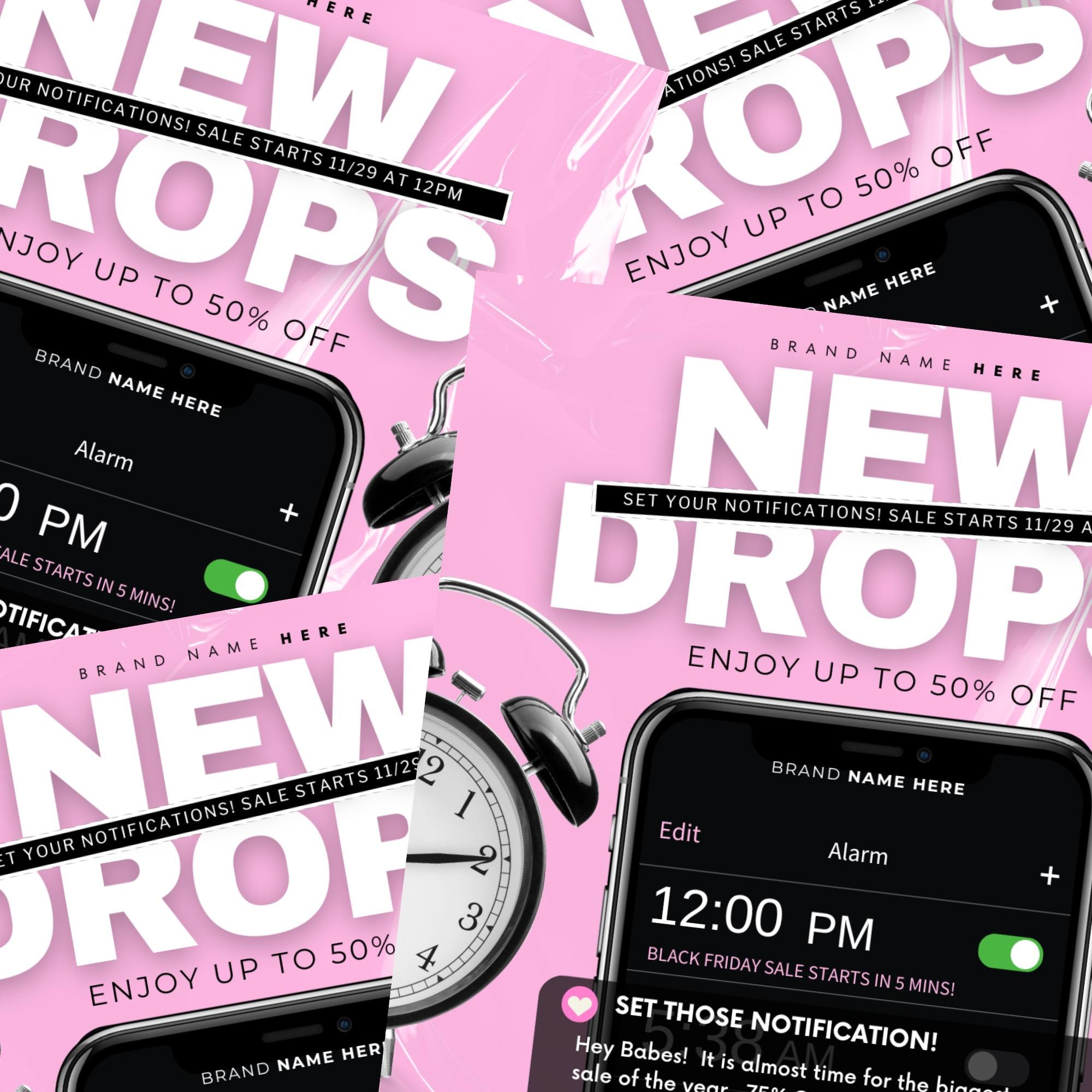 Editable New Drop Flyer: Pink Alarm Clock Canva Template (digital ...