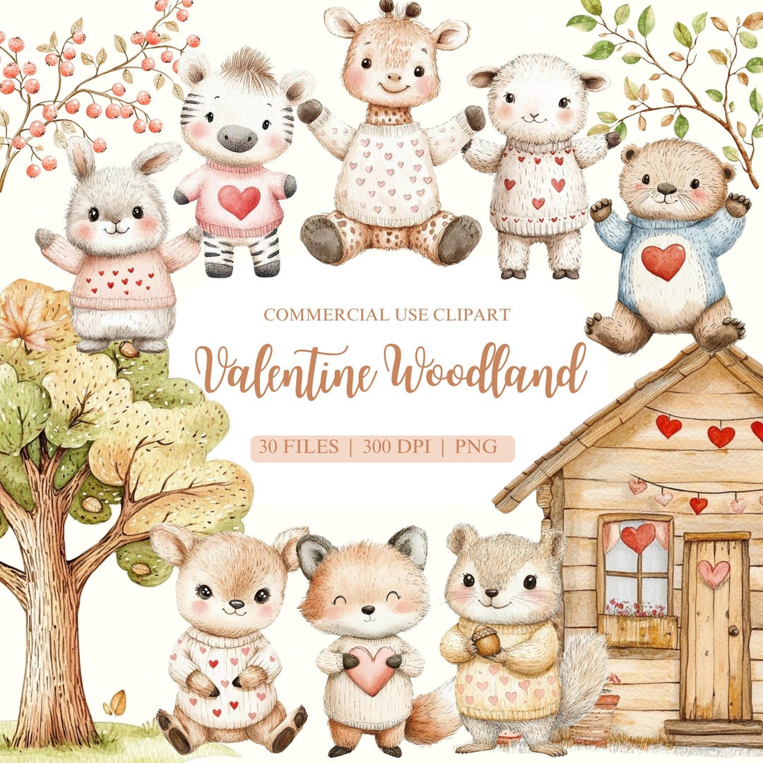 Woodland Valentines Clipart, Valentine Woodland Animal Clipart, Cute ...