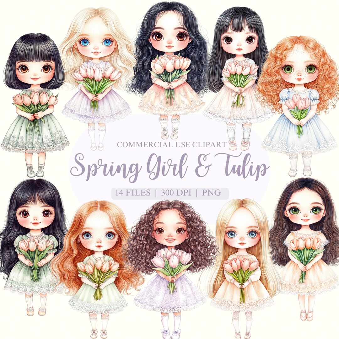Spring Girl Clipart, Spring Clipart, Tulip Clipart, Chibi Girl Clipart ...
