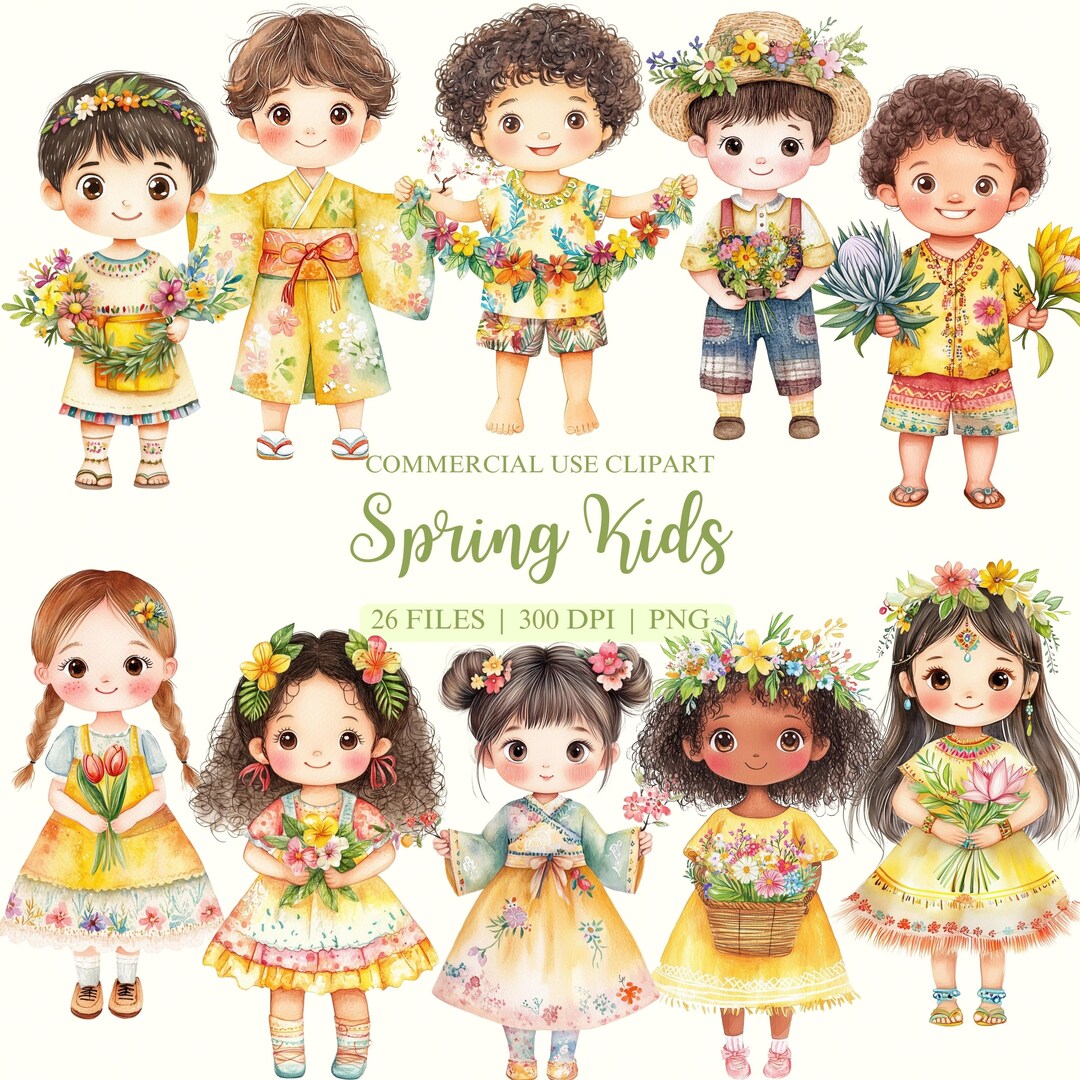 Spring Kids Clipart, Spring Watercolor Clipart, Ethnic Kids Clipart ...