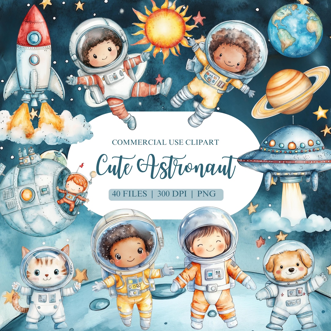 Astronaut Watercolor Clipart, Space Clipart, Boy and Girl Birthday ...