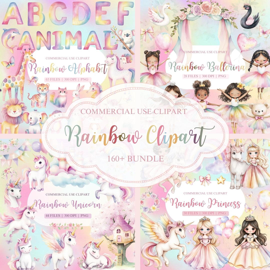 Rainbow Watercolor Clipart Bundle, Unicorn PNG , Princess Clipart ...