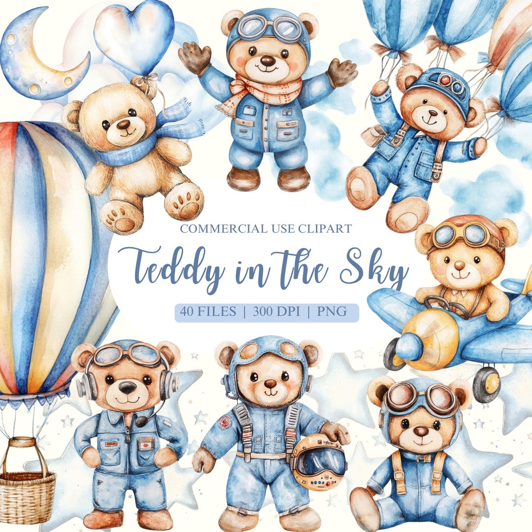 Teddy Bear Clipart, Airplane Clipart, Flying Bear, Baby Boy Clipart ...
